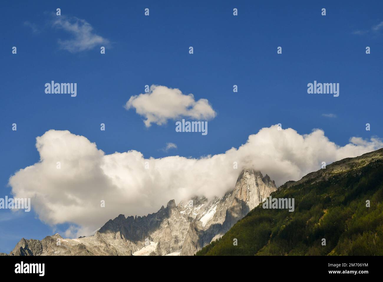 View of the Aiguilles du Dru peaks in the Mont Blanc massif, shrouded ...