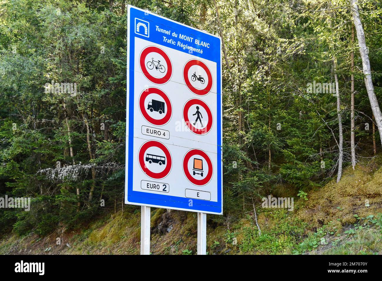 Road sign indicating the traffic regulation of the Mont Blanc Tunnel ...
