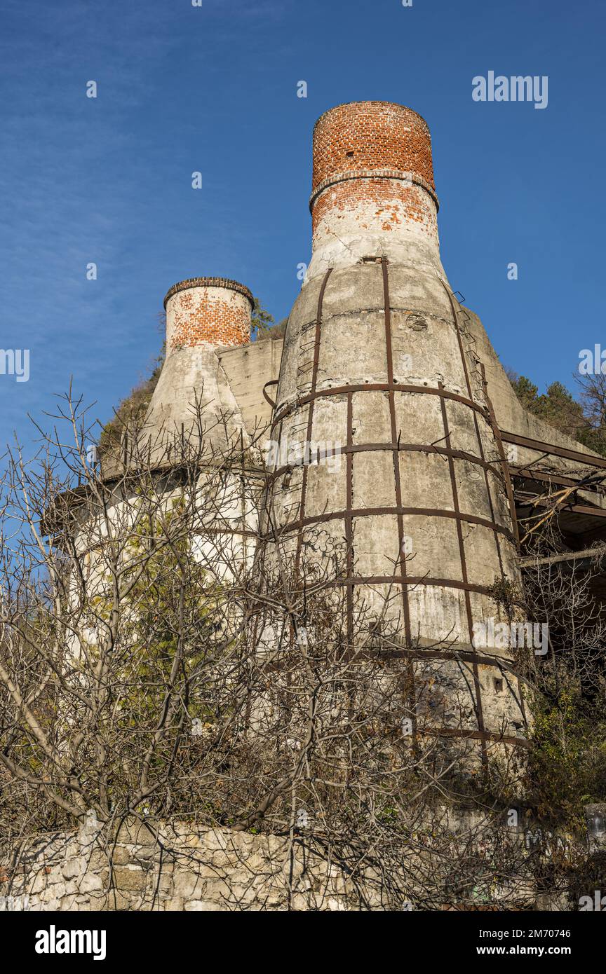 Castelveccana, Italy- 12-27-2022: Red brick chimneys and abandoned ...