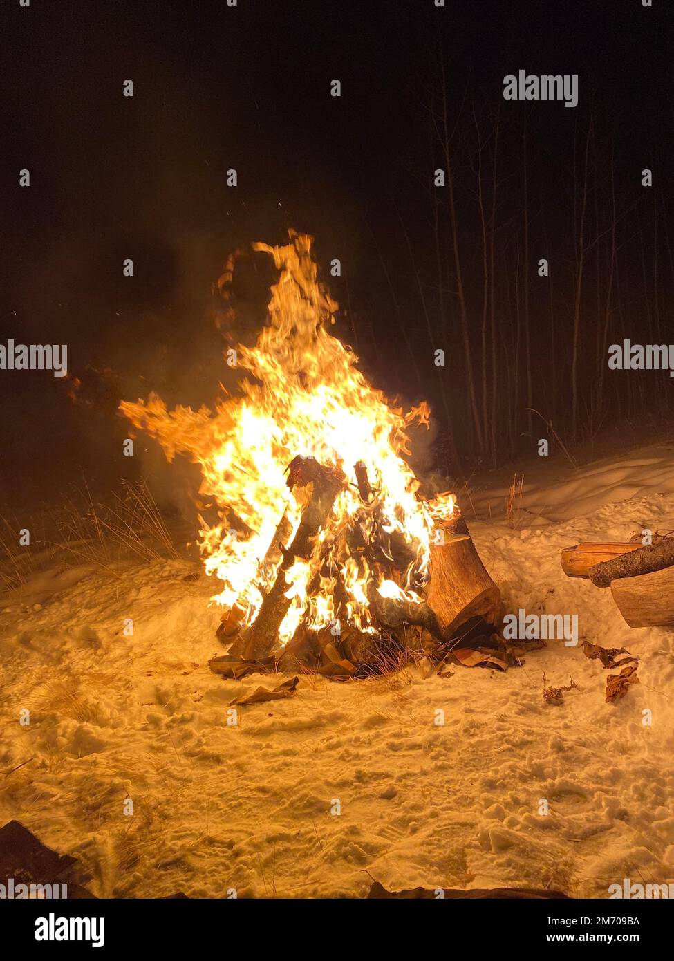 A vertical shot of a large burning bonfire on a beach camping site ...