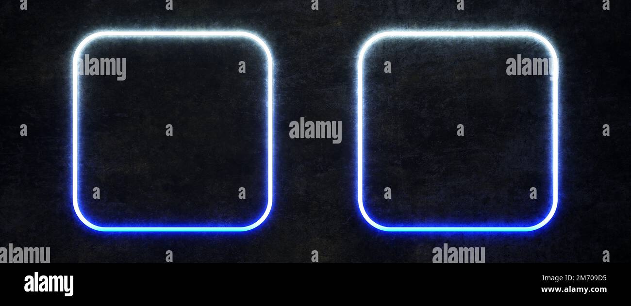 two neon squares on black wall. 3d rendering Stock Photo - Alamy