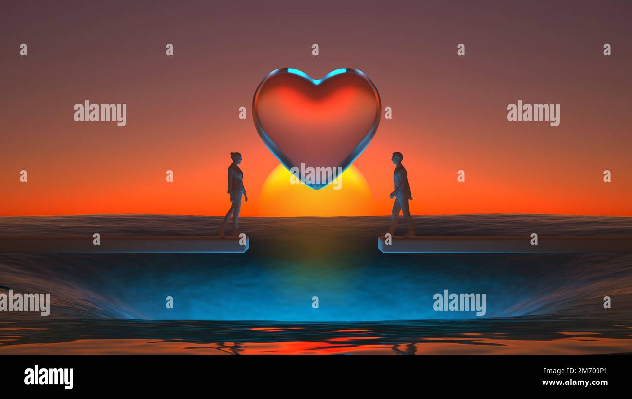 large heart symbol between the figures of a man and a woman standing on ...