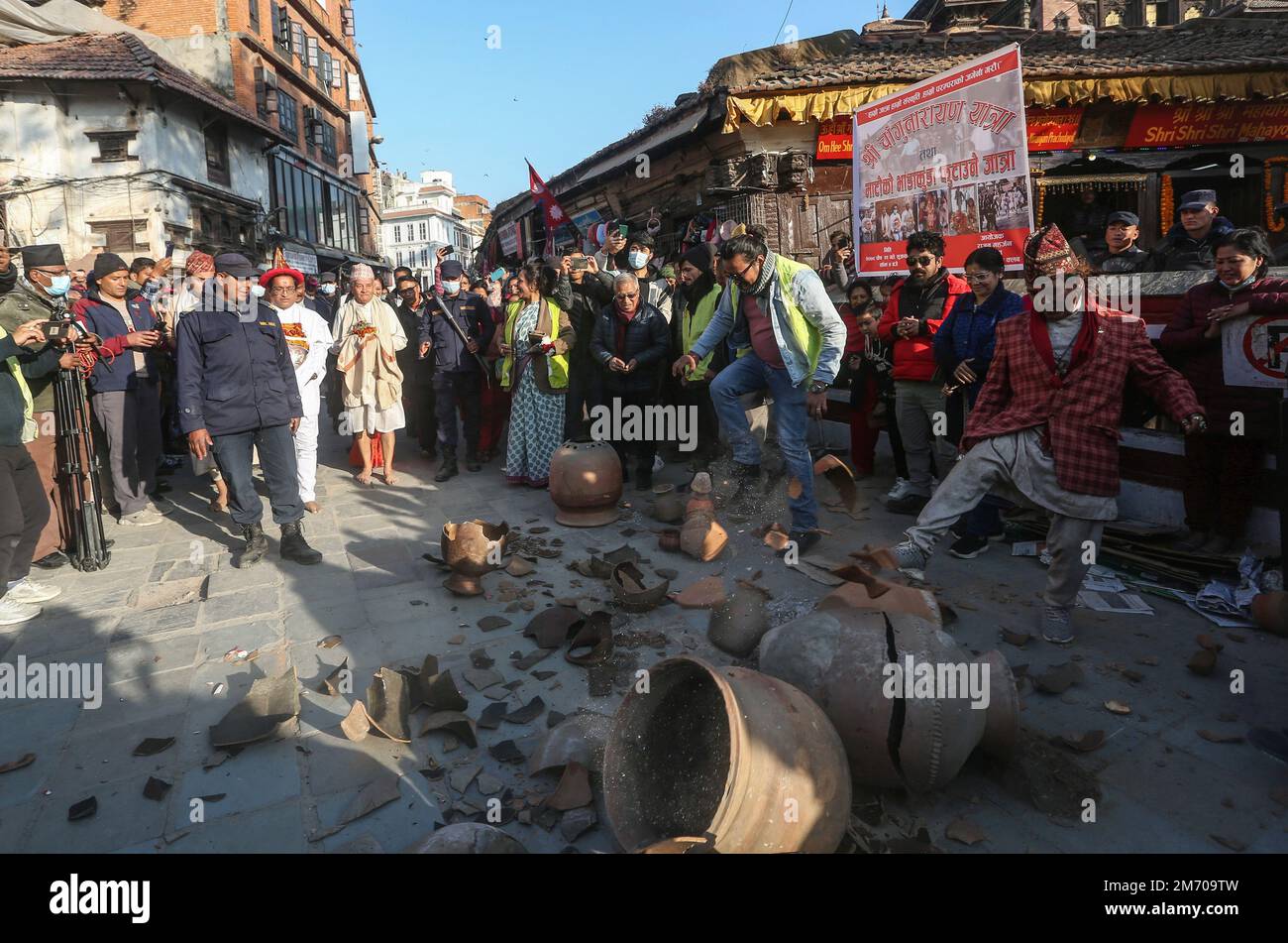 January 6, 2023, Kathmandu, Bagmati, Nepal: People break clay pots as ...