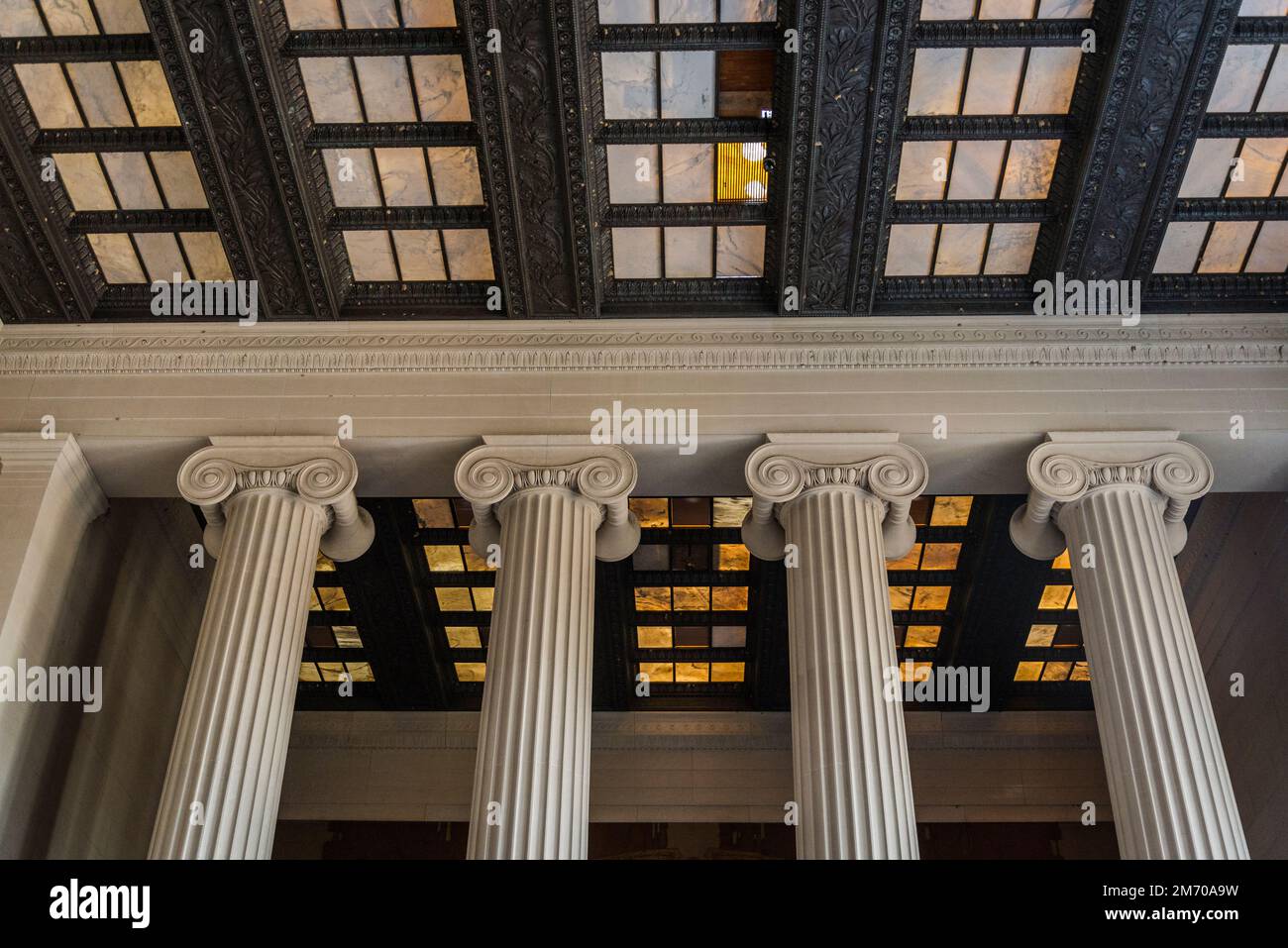 Roof and neoclassical columns of the portico of the Lincoln Memorial, a ...