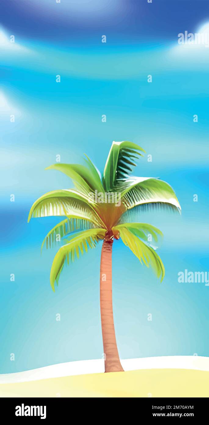 A vertical vector illustration of a palm tree with green leaves in a ...