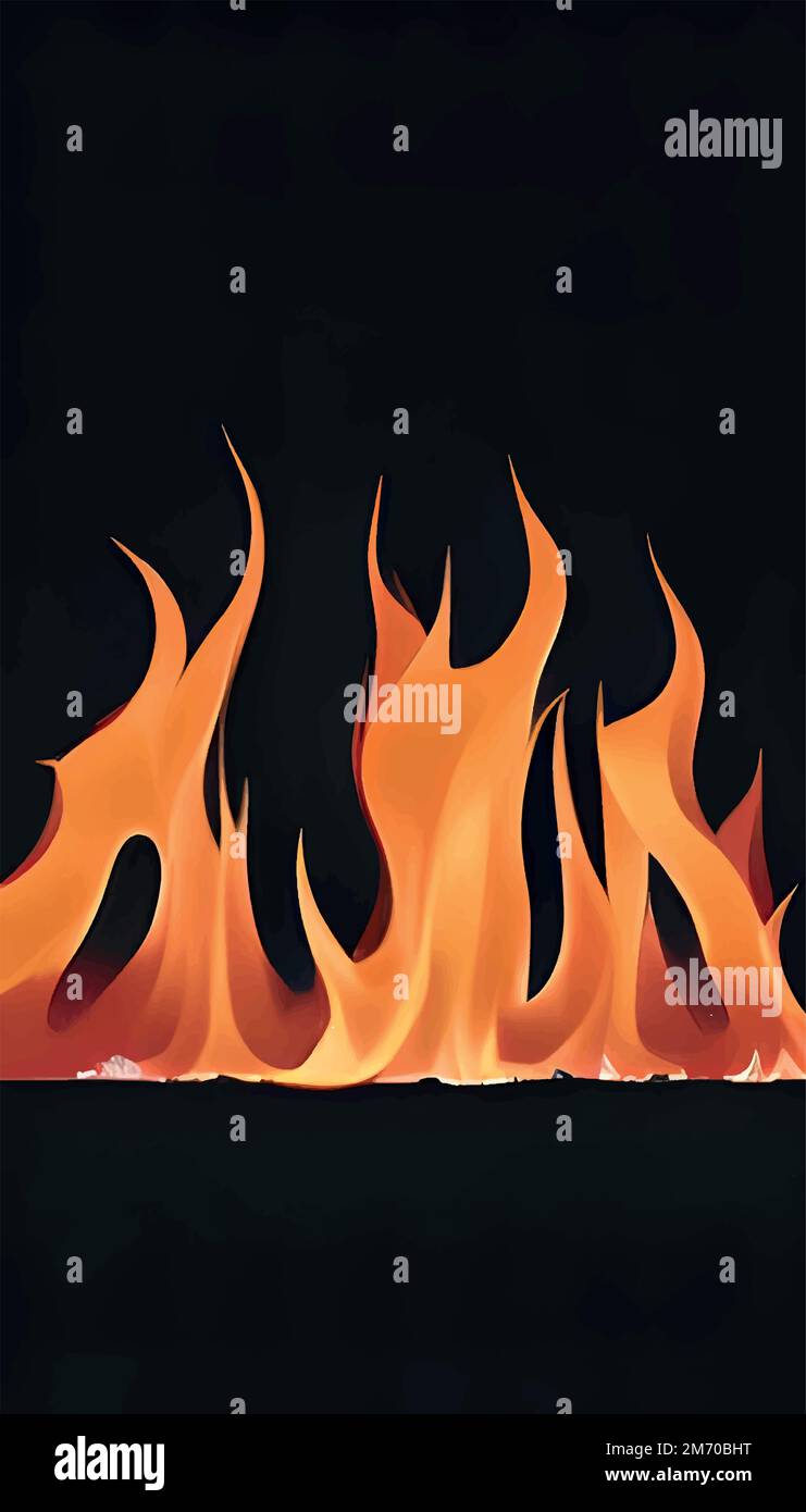 A vertical vector illustration of orange fire flames isolated on a dark ...