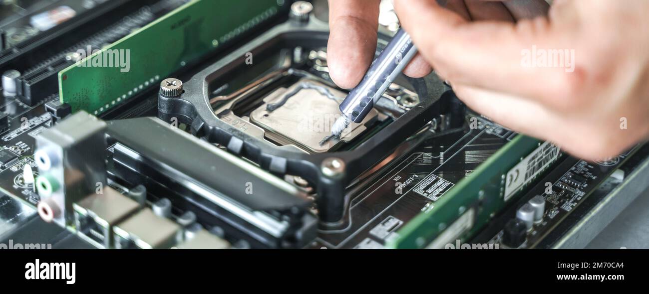 Man engineer,collector.Independent self computer assembly. Mounting socket processor,random ...