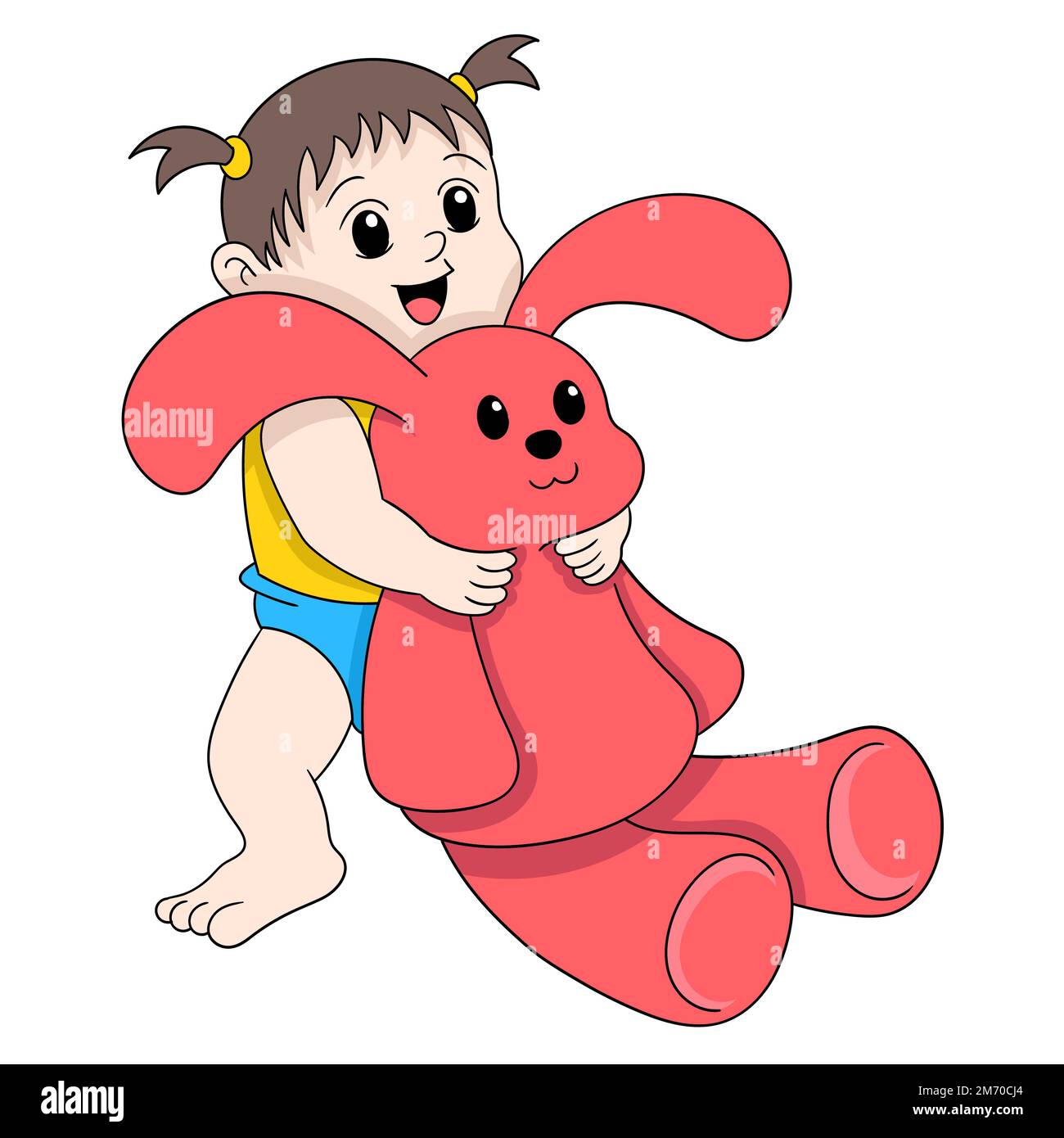 Baby girl is playfully acting hugging a big rabbit doll. vector design ...