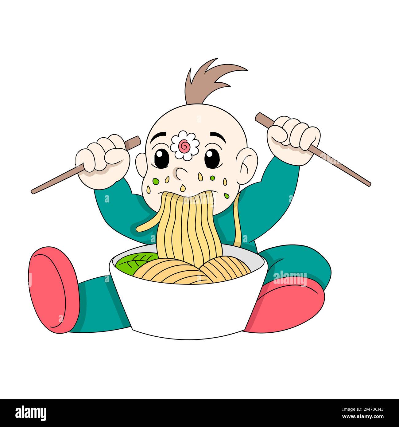 baby boy is starving eating noodles messy. vector design illustration ...