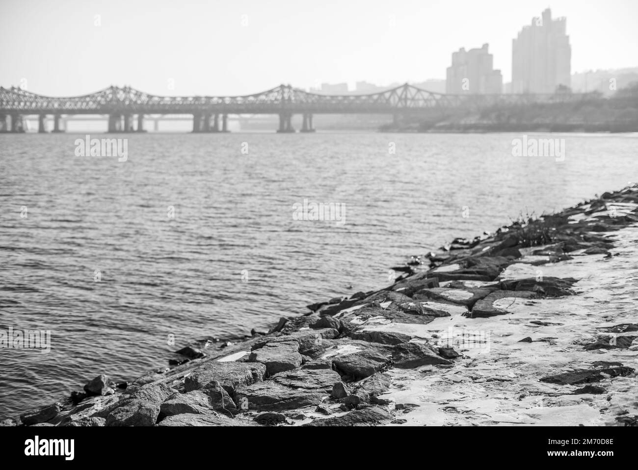 Selective focus of Han river Hangang and Seoul cityscape in winter in ...