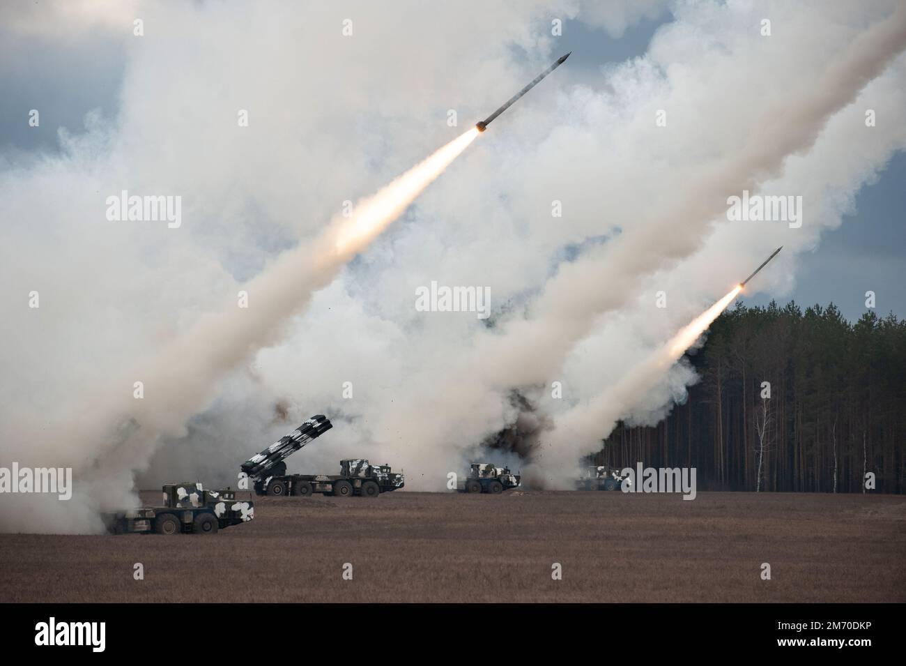 Launch of military missiles (rocket artillery) at the firing field ...