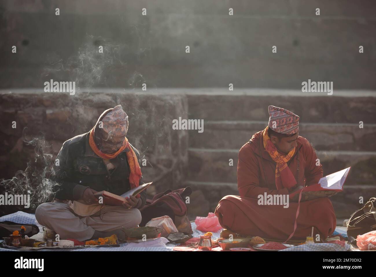 Kathmandu, Nepal. 06th Jan, 2023. Nepalese Hindu priests seen reading ...
