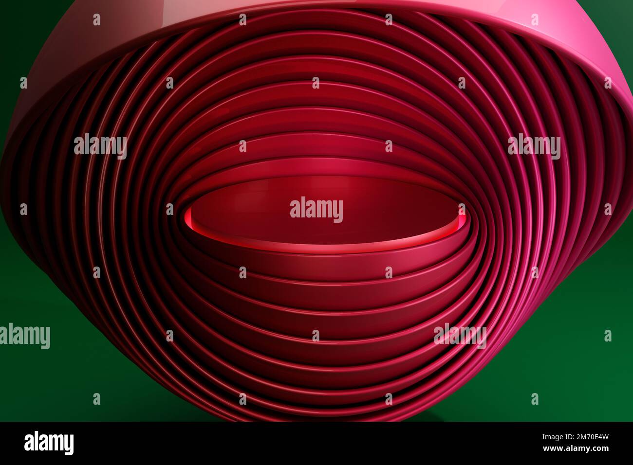 A 3d rendering of a metallic red half-sphere stage floating in mid-air ...