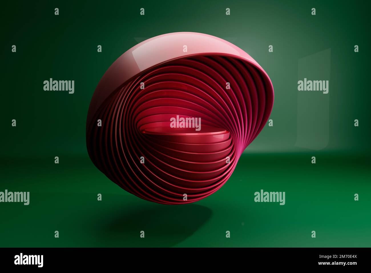A 3d rendering of a metallic red half-sphere stage floating in mid-air ...