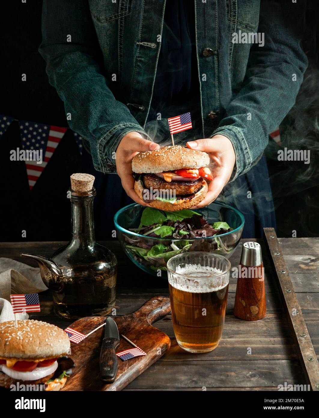 beef burger with American Flag, for USA Independence Day Stock Photo ...