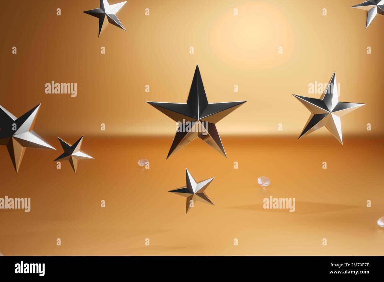 A 3d rendering of silver stars and diamonds on a gold studio backdrop ...