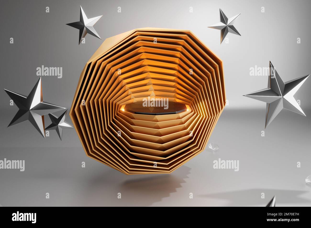 A 3d rendering of a golden product advertisement stage with silver ...