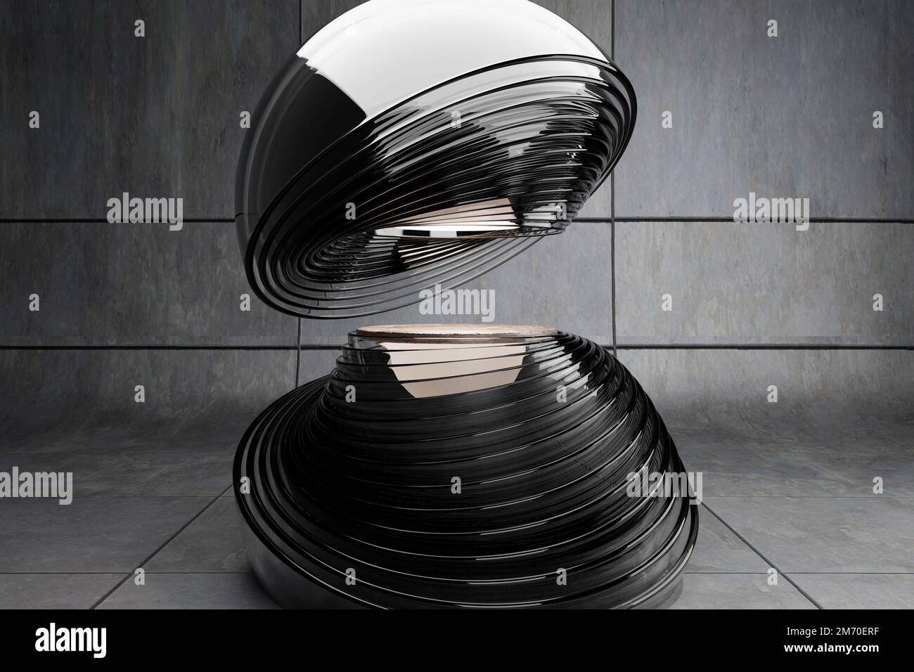 An image of two shiny black iron round objects with layers and a light ...