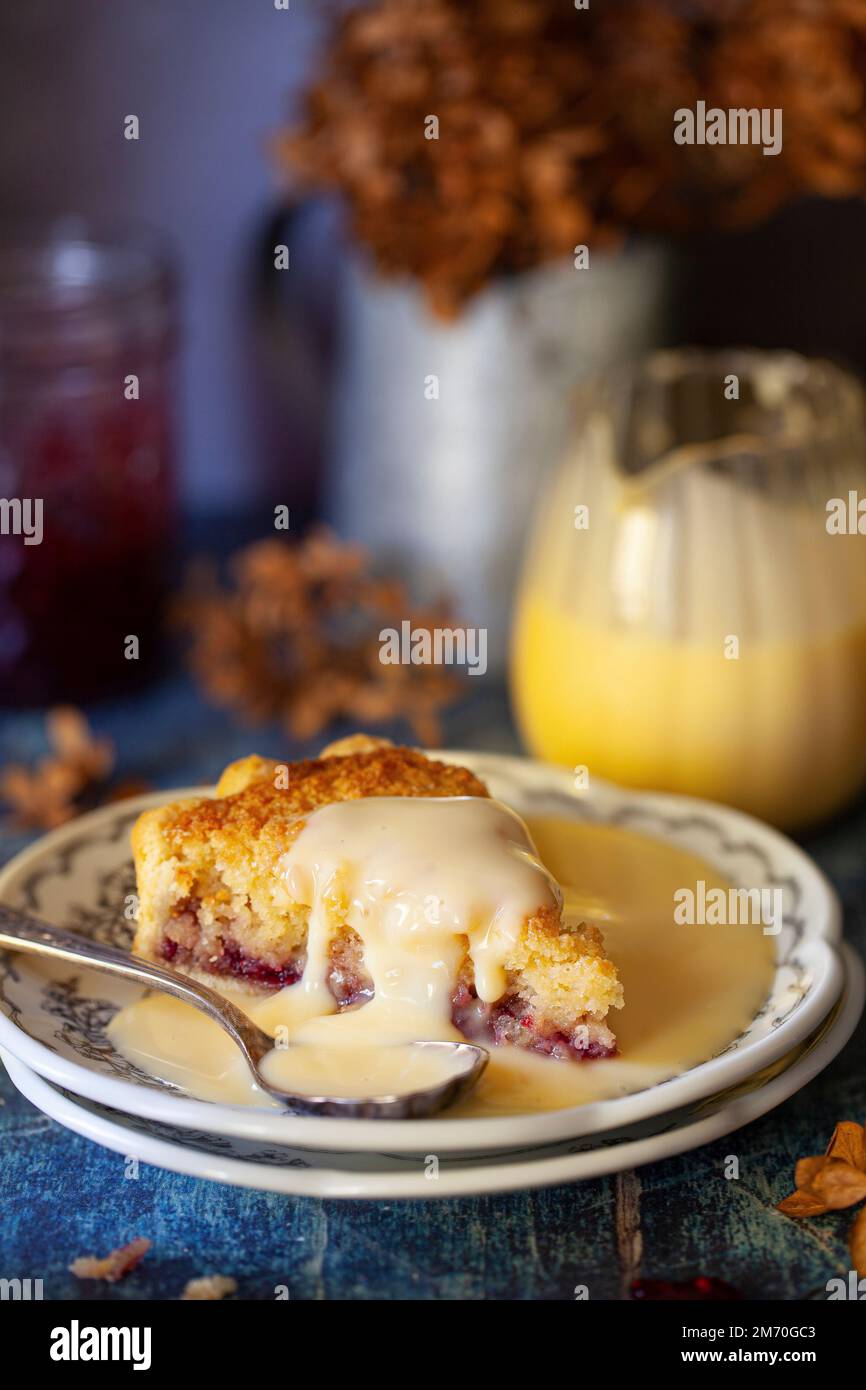 A slice of British pudding tart made with breadcrumbs and jam and ...