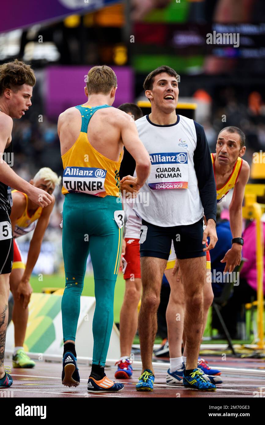 James Turner & Gabriel De Jesus Cuadra Holman after competing in the T36 800m race in the 2017 ...
