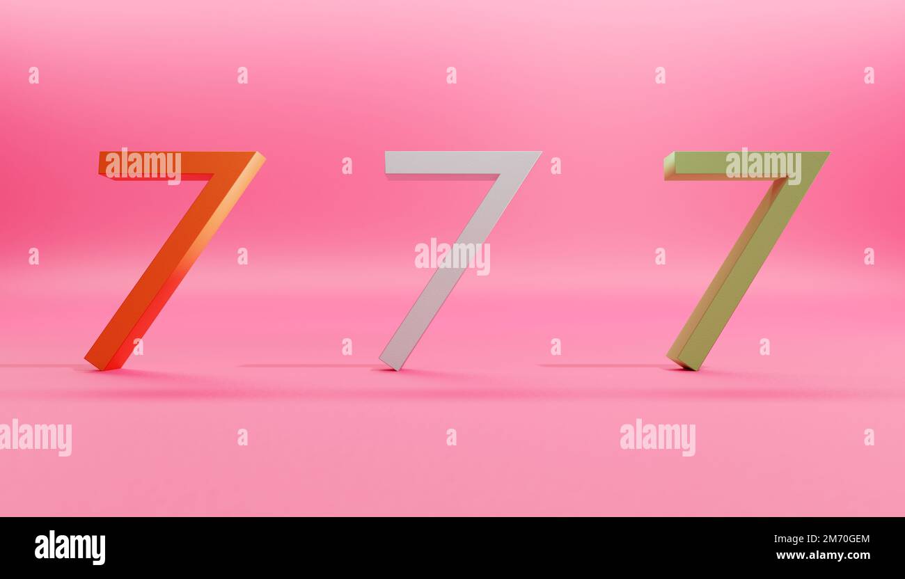 An image of three red, white, and green number sevens in the pink ...