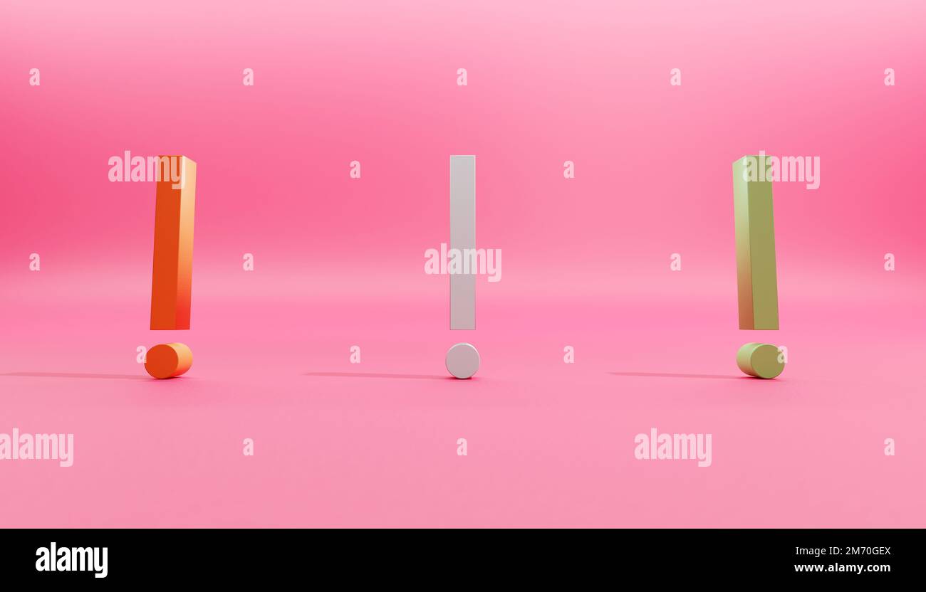 An image of three red, white, and green exclamation marks in the pink ...