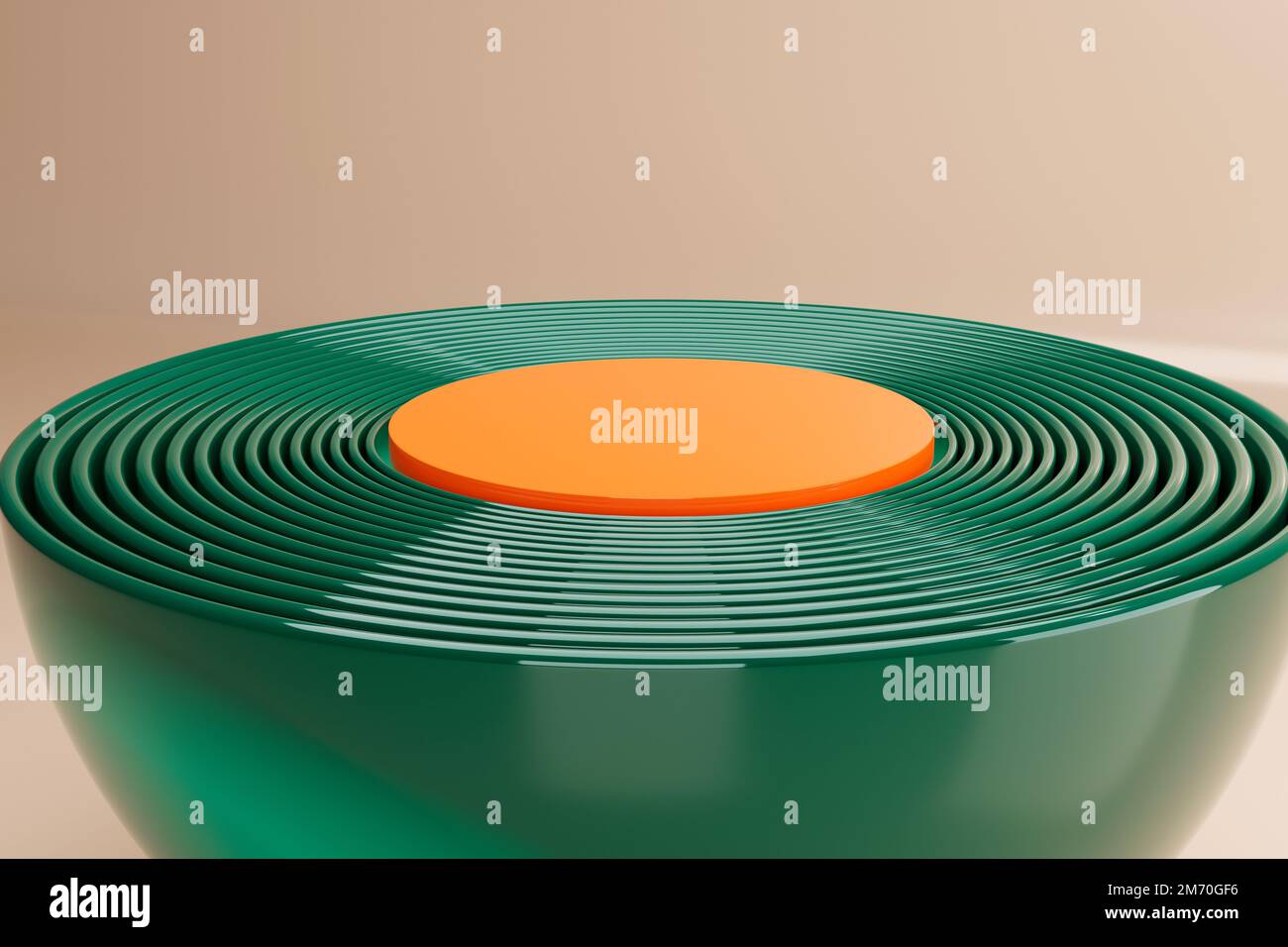 An image of an abstract green half-round table with an orange round ...