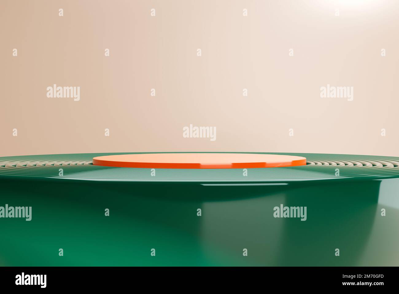 An image of an abstract green half-round table with an orange round ...
