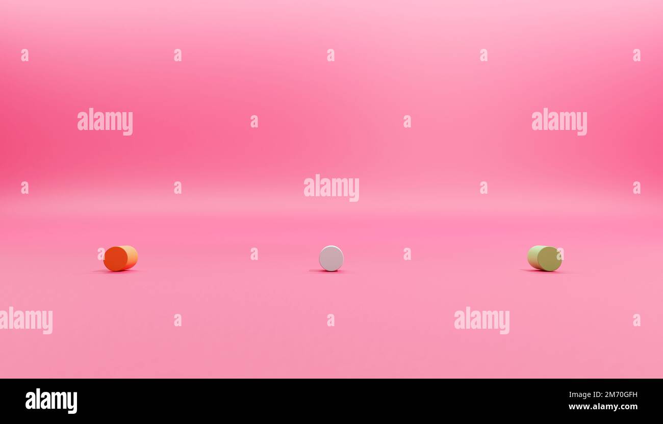 An image of three cylindrical objects laying in the pink background ...