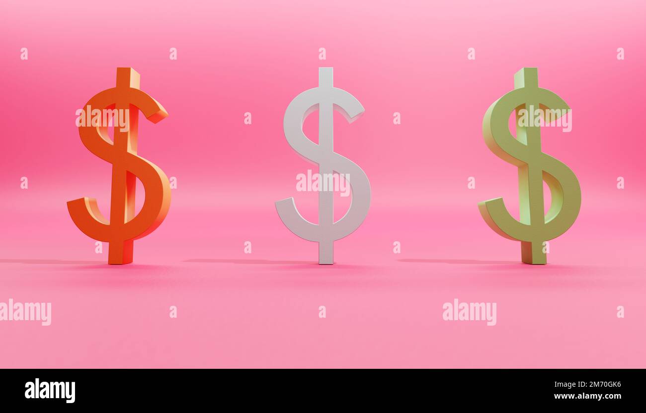 An image of three red, white, and green Dollar signs in the pink ...
