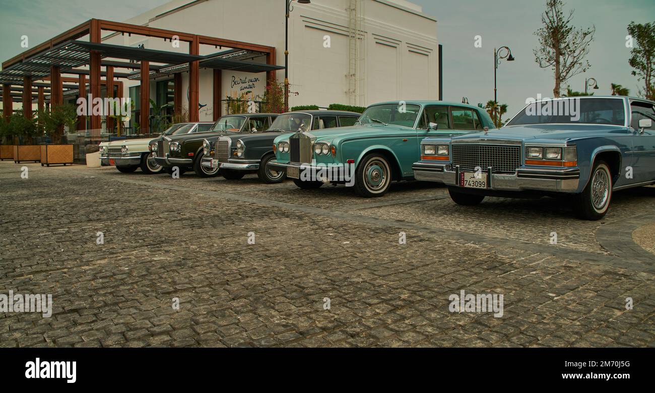 classic cars on display in Lusail Winter Wonderland outdoor amusement ...