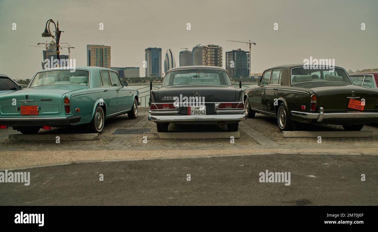 classic cars on display in Lusail Winter Wonderland outdoor amusement ...