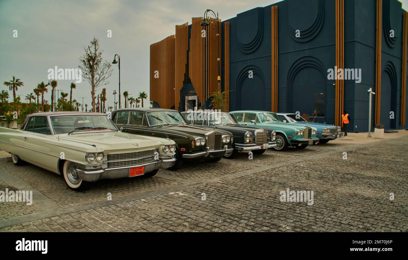 classic cars on display in Lusail Winter Wonderland outdoor amusement ...