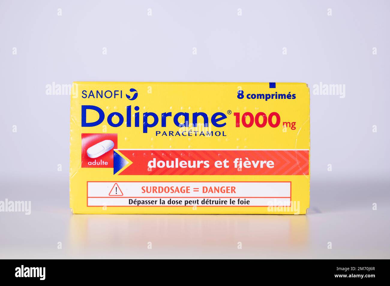 Isolated French box of Doliprane 1000mg for adults, pills based on ...