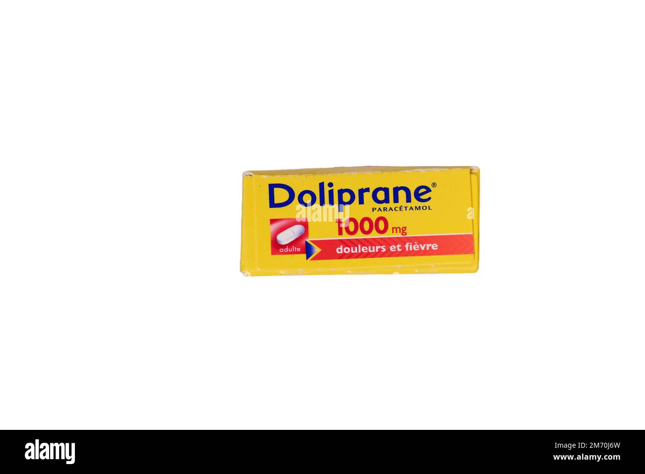 Isolated side box of Doliprane 1000mg for adults in French, pills based ...