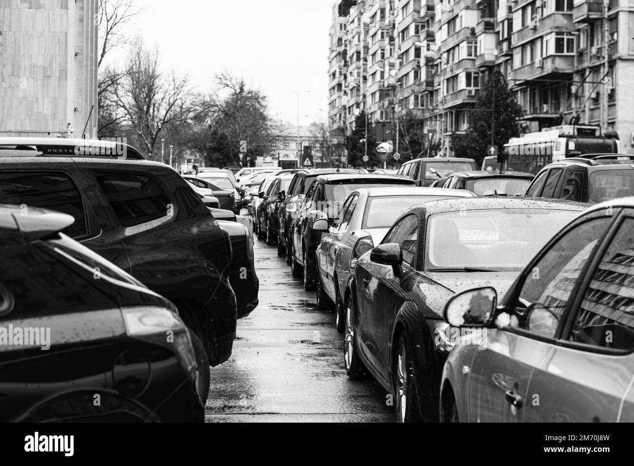 Car traffic, pollution, traffic jam city downtown Bucharest, Romania ...