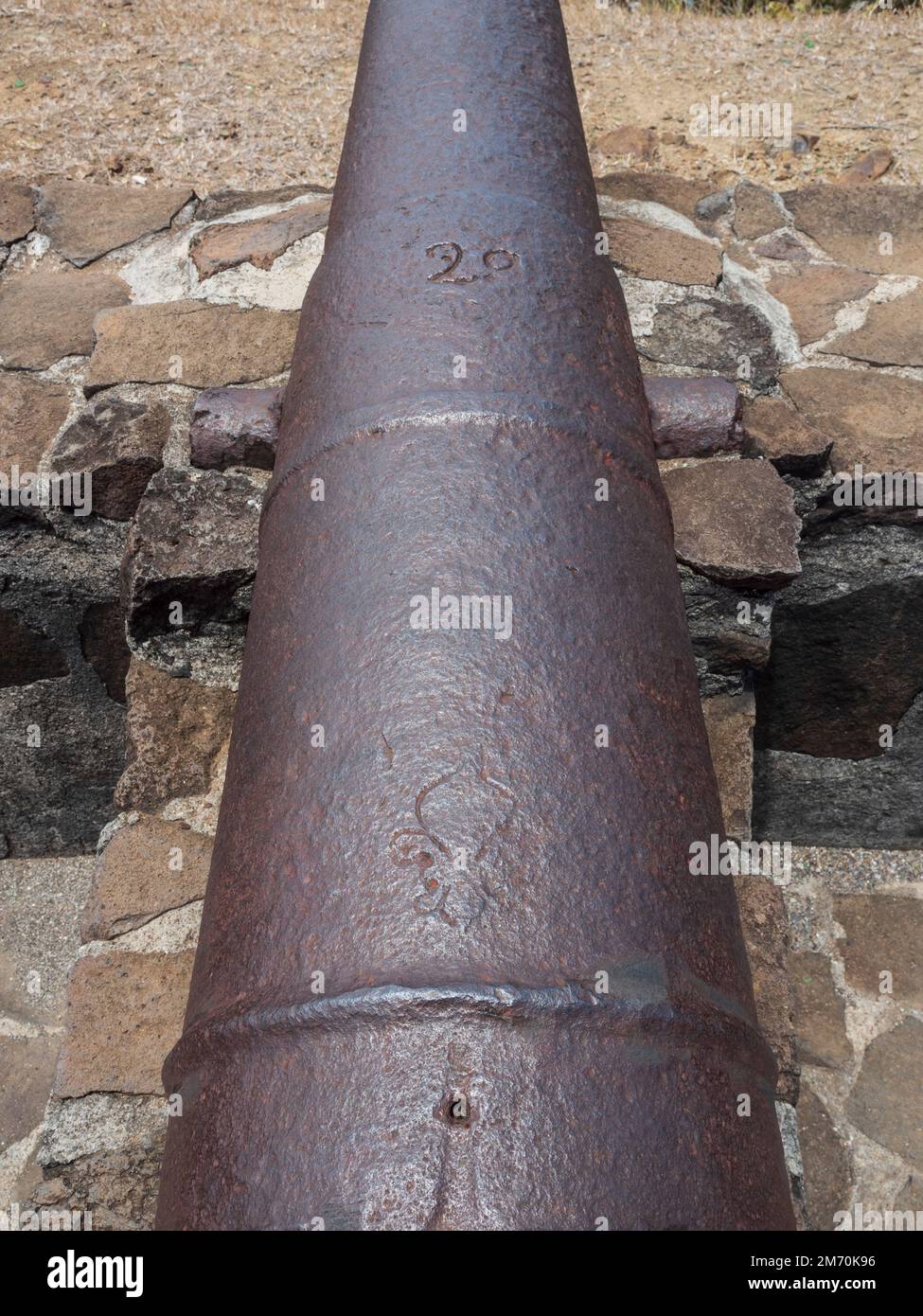 Bequia, Admiralty Bay, Hamilton. Village with old cannon emplacement ...