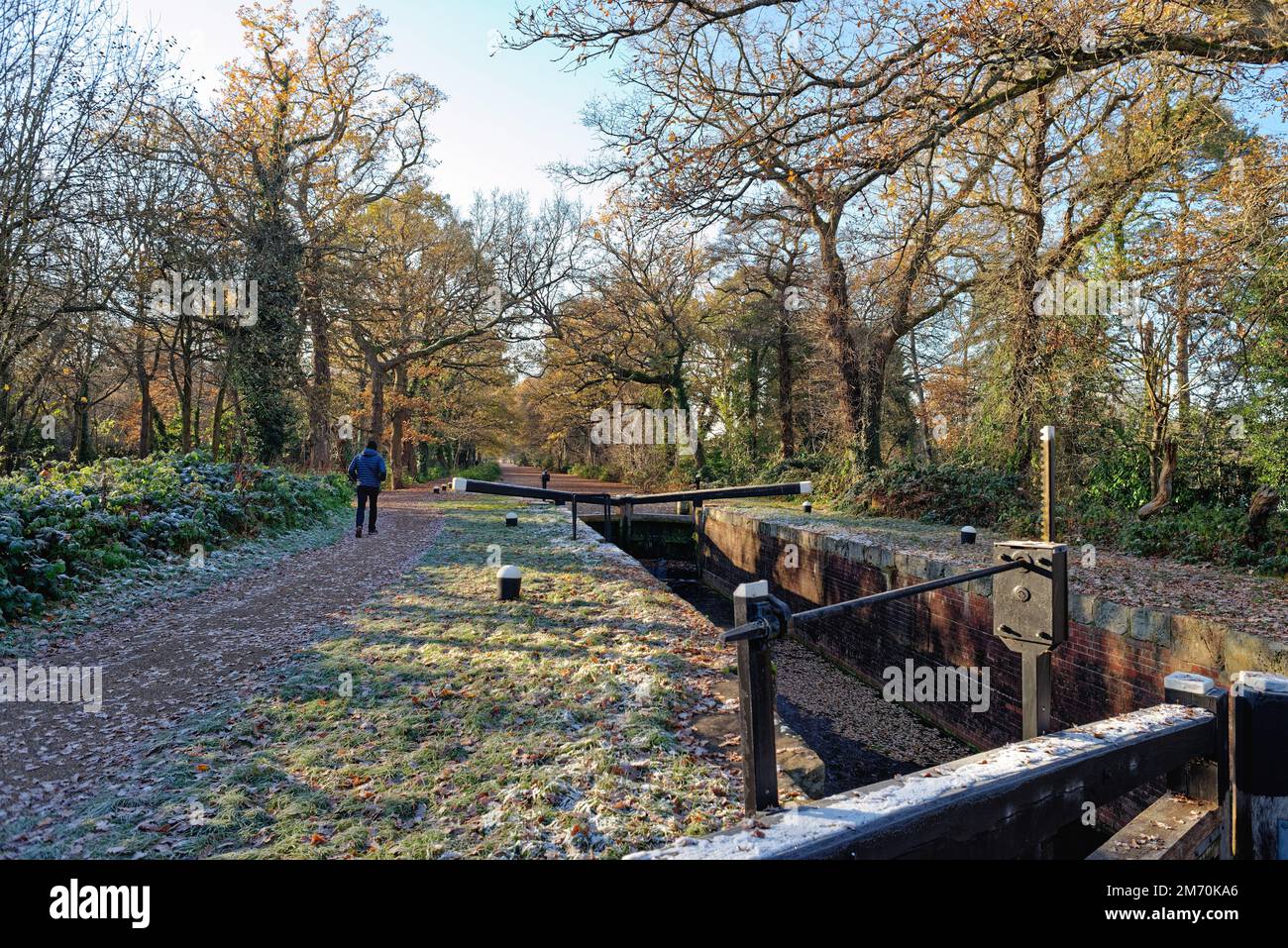 The start of the Basingstoke canal at New Haw on a cold and frosty ...