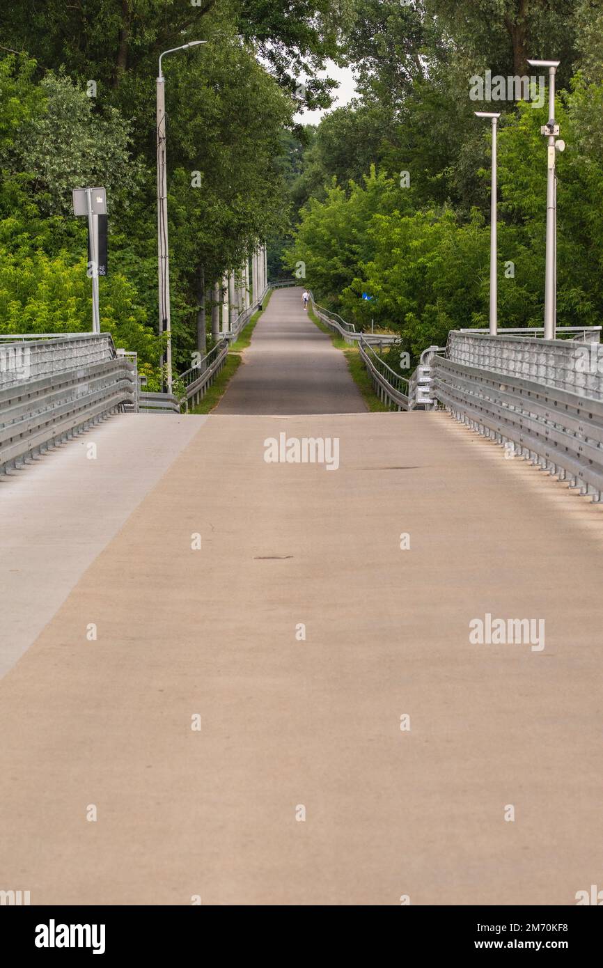 Bridge over the river among green trees on a summer cloudy day. River ...