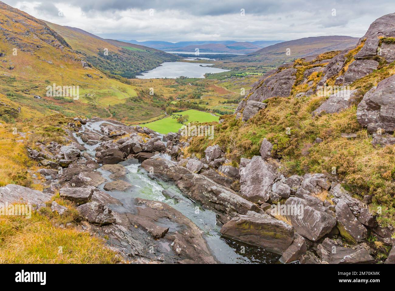 Typical Irish landscape with green meadows and rough mountains Stock ...