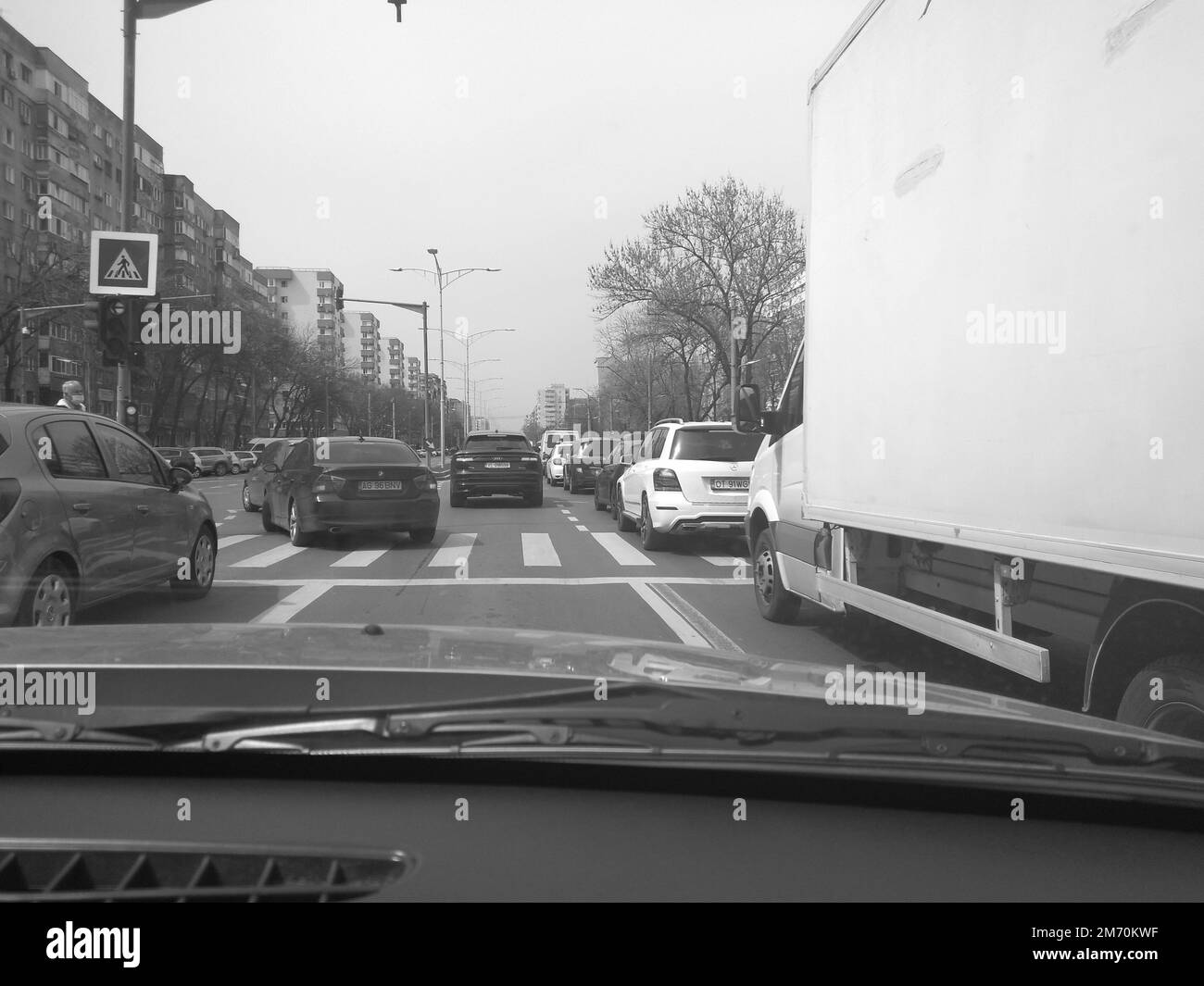 Car traffic, pollution, traffic jam city downtown Bucharest, Romania ...