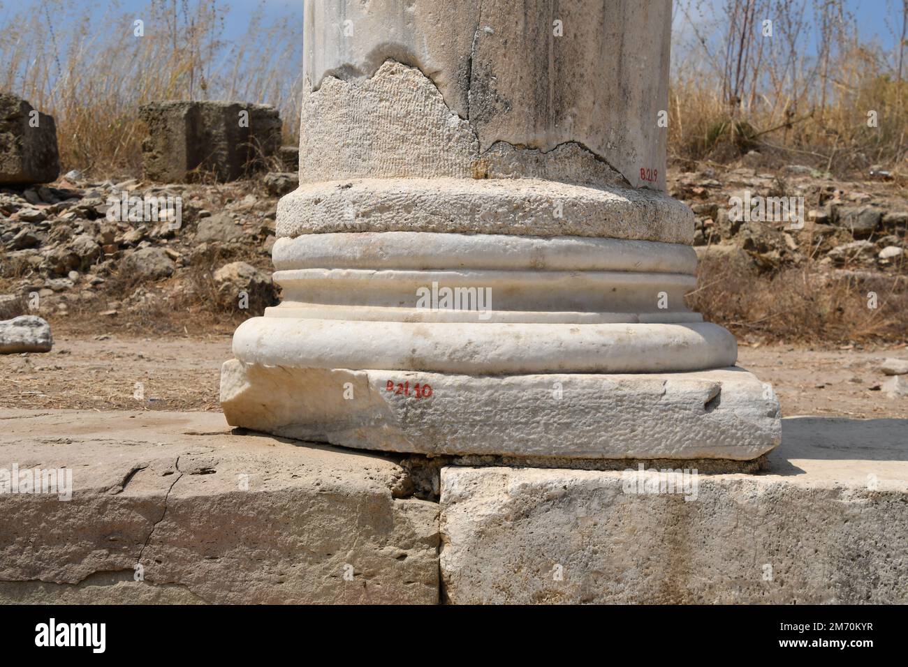 Restored historical pedestal of a column, ancient city of Side, Turkey ...