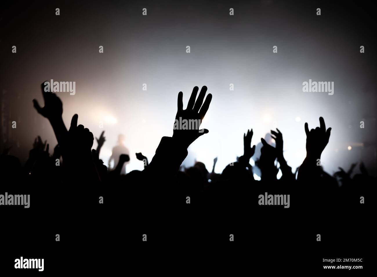 Party people wave their hands from side to side at a live concert at ...