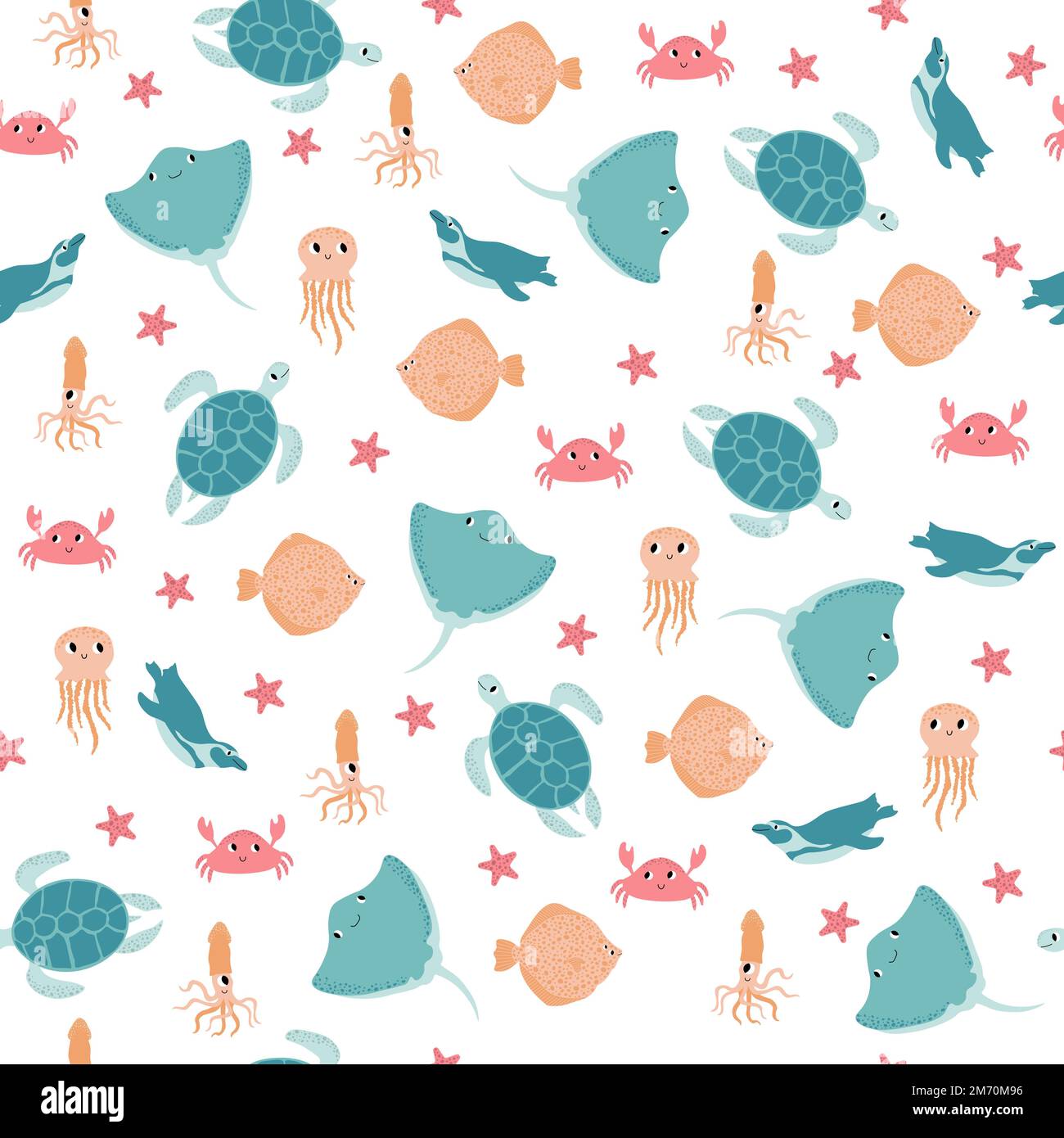 Vector seamless pattern with devilfish,crab,jellyfish,flounder,squid ...