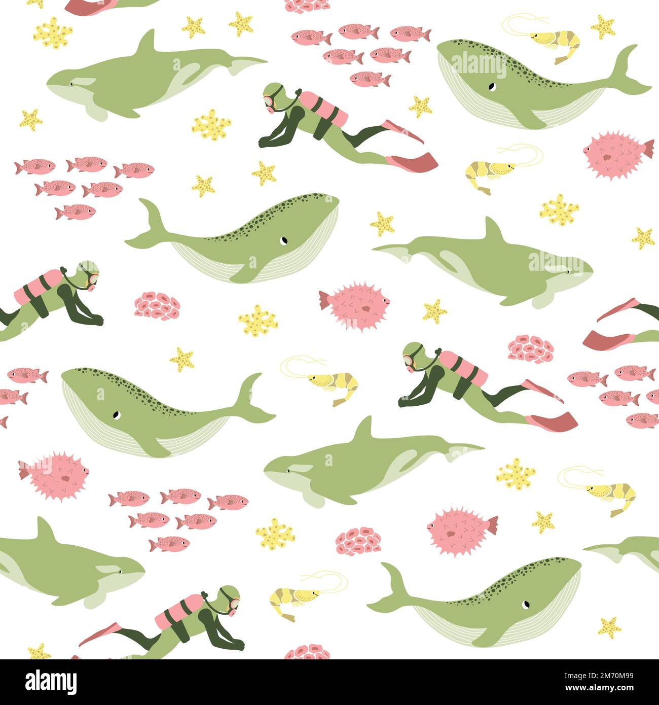 Vector seamless pattern with whale, killer whale, diver, shrimp, algae ...