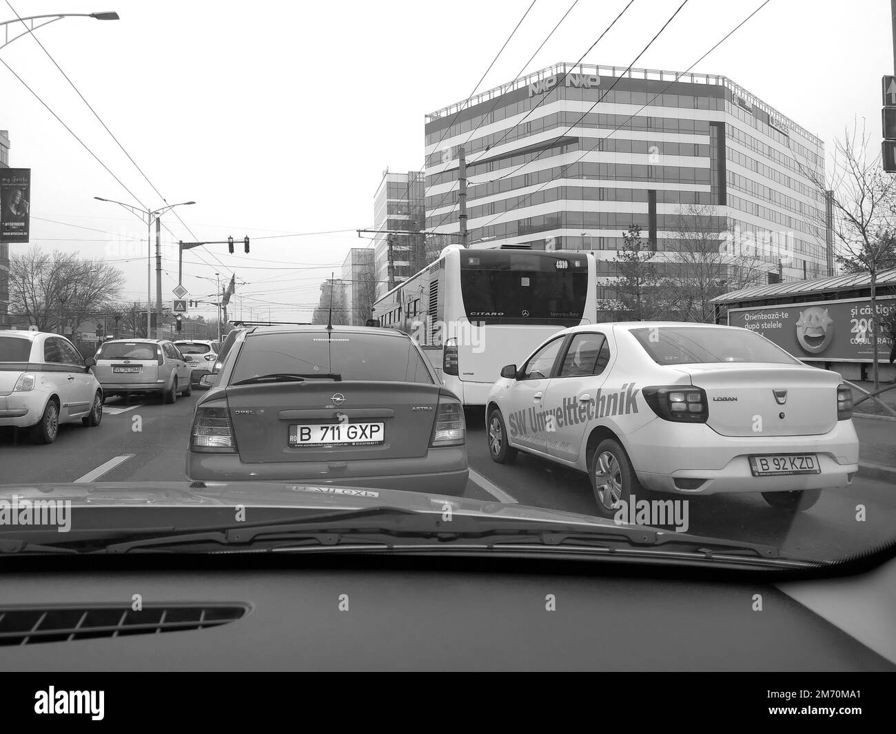 Car traffic, pollution, traffic jam city downtown Bucharest, Romania ...