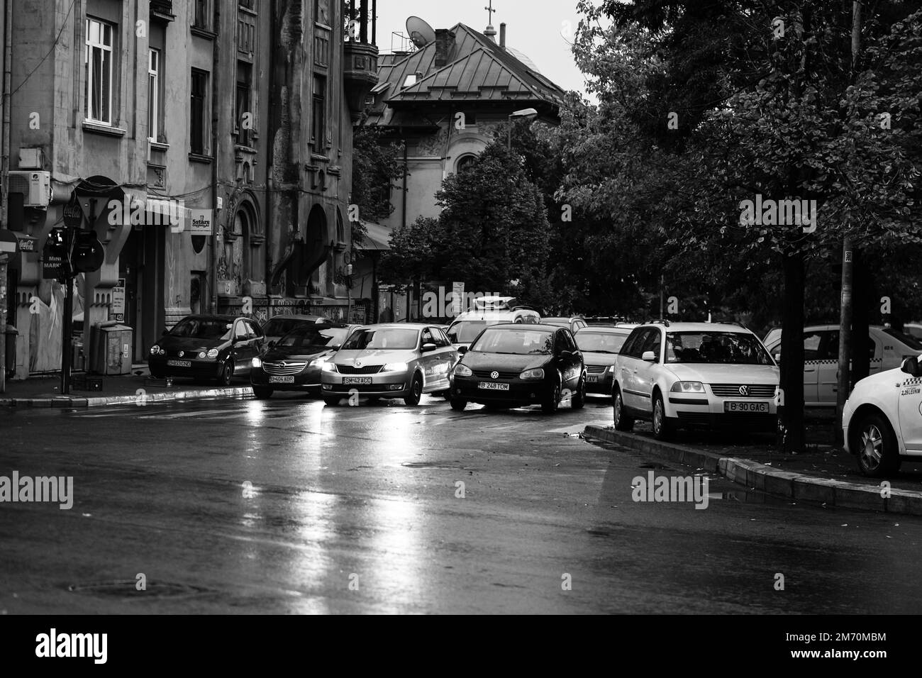 Car traffic, pollution, traffic jam city downtown Bucharest, Romania ...