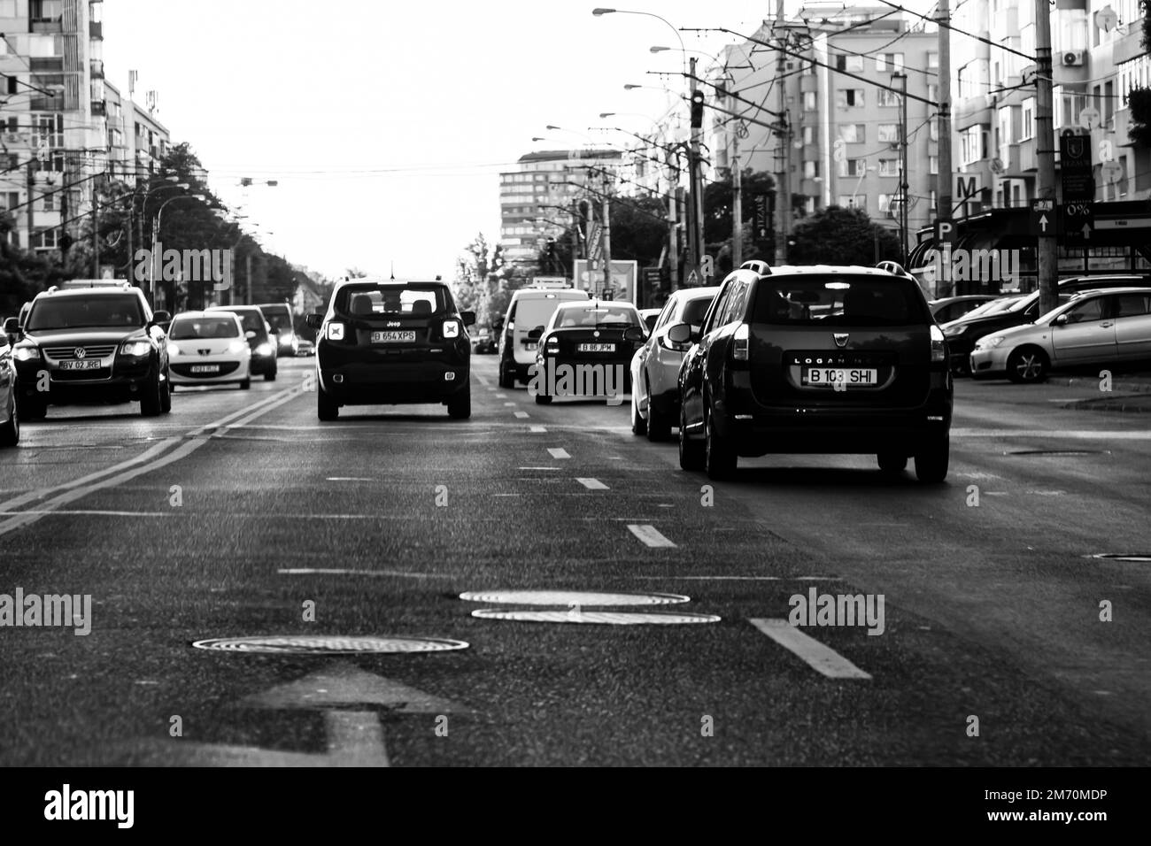 Car traffic, pollution, traffic jam city downtown Bucharest, Romania ...