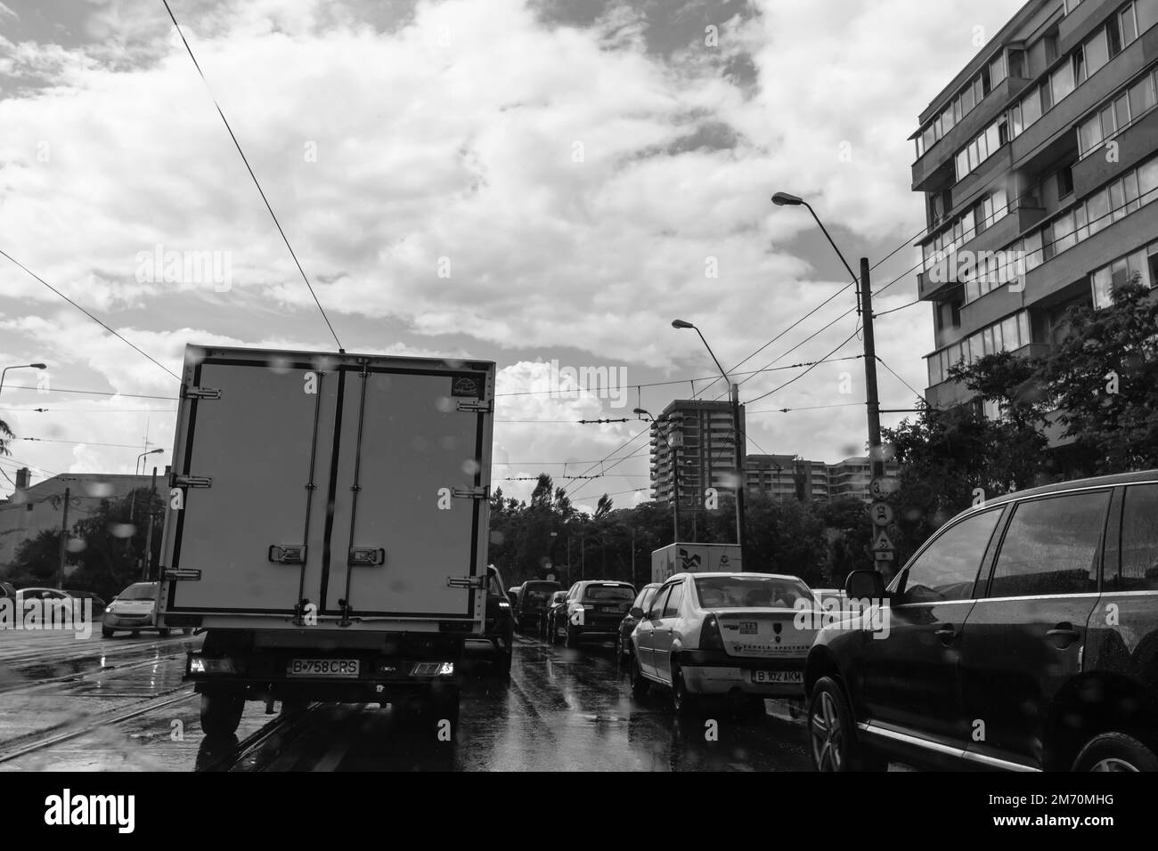 Car traffic, pollution, traffic jam city downtown Bucharest, Romania ...