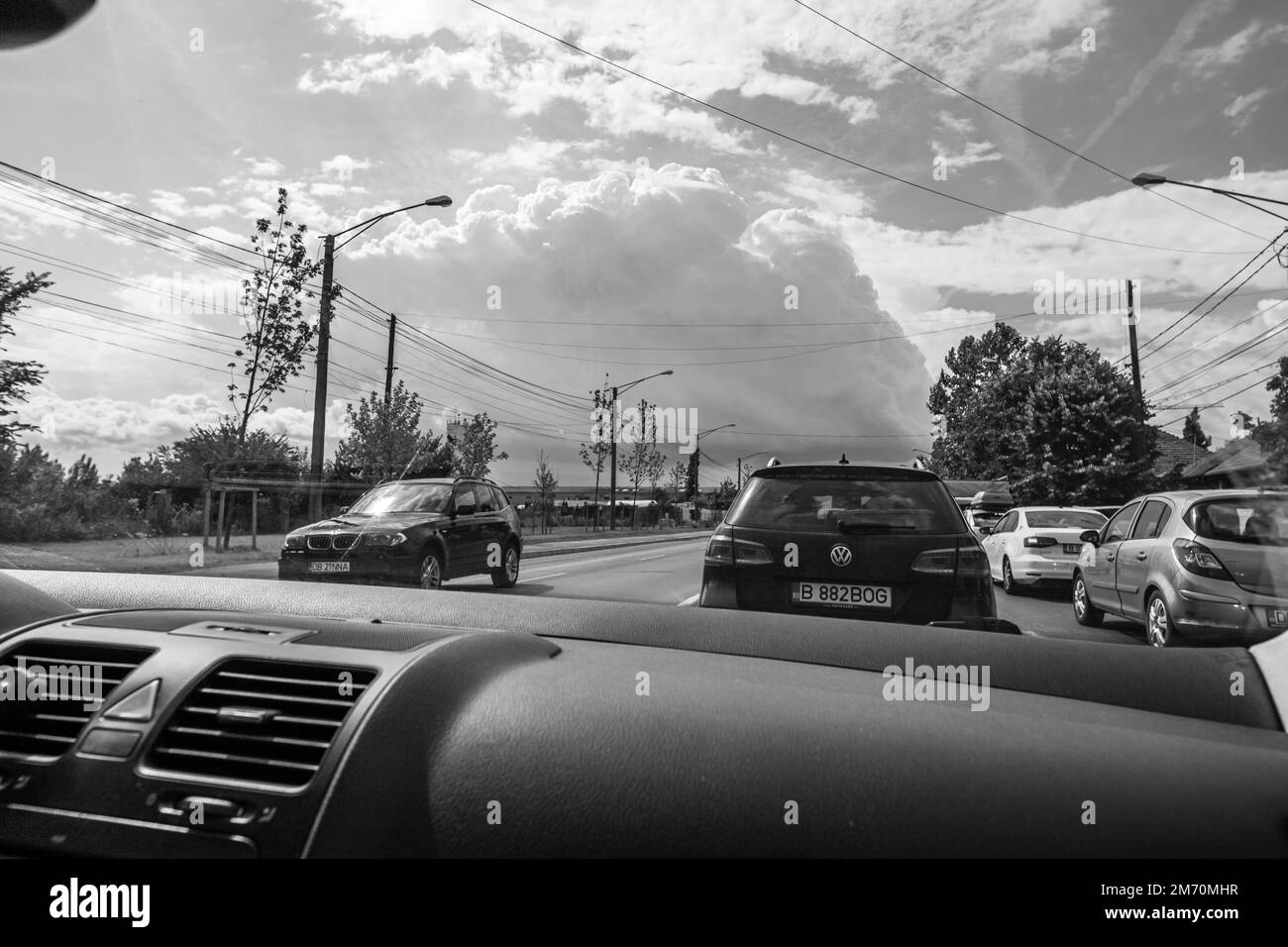 Car traffic, pollution, traffic jam city downtown Bucharest, Romania ...